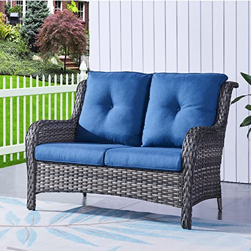 Rilyson Outdoor Loveseat Wicker Patio Sofa - 2-Seat Rattan Outdoor Couch Patio Furniture with Deep Seating and Cushions for Porch Deck Balcony(Mixed Grey/Blue)