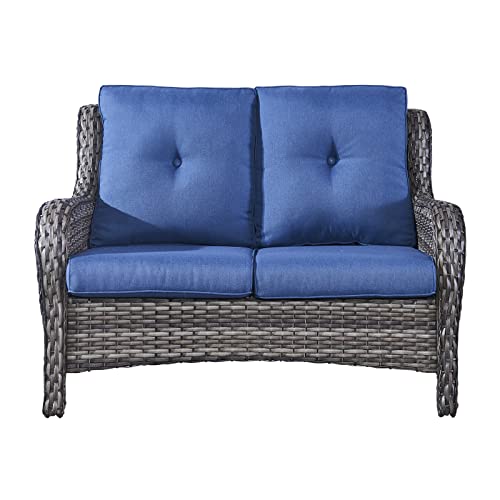 Rilyson Outdoor Loveseat Wicker Patio Sofa - 2-Seat Rattan Outdoor Couch Patio Furniture with Deep Seating and Cushions for Porch Deck Balcony(Mixed Grey/Blue)