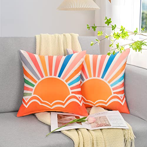 VERTKREA Modern Pillow Covers, Boho Sunrise Outdoor Pillow Covers, Set of 2 Waterproof Throw Pillow Cover for Sofa ,Couch, Indoor, Outdoor, Home Decor, 18x18 Inch