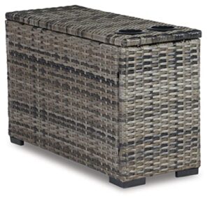 signature design by ashley harbor court outdoor resin wicker handwoven over rust-free aluminum framed console with 2 drink holders, gray