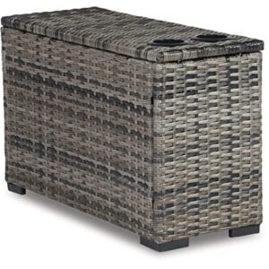 Signature Design by Ashley Harbor Court Outdoor Resin Wicker Handwoven Over Rust-Free Aluminum Framed Console with 2 Drink Holders, Gray