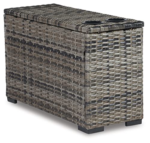 Signature Design by Ashley Harbor Court Outdoor Resin Wicker Handwoven Over Rust-Free Aluminum Framed Console with 2 Drink Holders, Gray