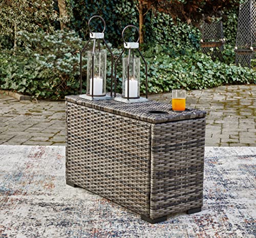 Signature Design by Ashley Harbor Court Outdoor Resin Wicker Handwoven Over Rust-Free Aluminum Framed Console with 2 Drink Holders, Gray