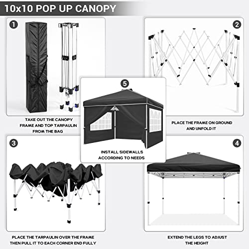 Canopy, CBBPET 10'x10' Pop Up Canopy Instant Folding, Outdoor Canopy Tent with Sidewalls and Windows Sun Protection for Vendor Events, Outdoor Craft Show, Farmers Markets(Black)