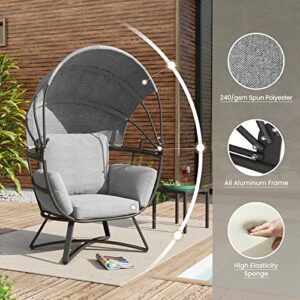 Crestlive Products Egg Chair, All Weather Aluminum Lounge Chair with Folding Canopy, Outdoor Indoor Chair with Cushion & Sun Shade Cover for Patio Living Room, 265lb Capacity (Black & Grey)