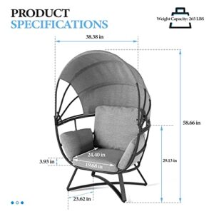 Crestlive Products Egg Chair, All Weather Aluminum Lounge Chair with Folding Canopy, Outdoor Indoor Chair with Cushion & Sun Shade Cover for Patio Living Room, 265lb Capacity (Black & Grey)