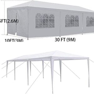 Meet perfect 10'x30' Party Tent Outdoor Canopy, Wedding Tent Storage Shelter Pavilion UV-Proof Grill Gazebo for BBQ Beach Event with 8 Sidewalls & 2 Zipped Doors, Not for Rainy or Windy Days- White