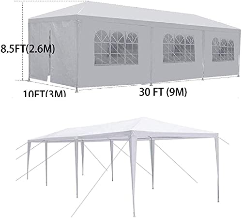 Meet perfect 10'x30' Party Tent Outdoor Canopy, Wedding Tent Storage Shelter Pavilion UV-Proof Grill Gazebo for BBQ Beach Event with 8 Sidewalls & 2 Zipped Doors, Not for Rainy or Windy Days- White