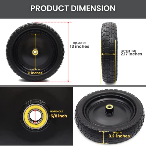 (4-Pack) 13‘’ Tire for Gorilla Cart - Solid Polyurethane Flat-Free Tire and Wheel Assemblies - 3.15” Wide Tires with 5/8 Axle Borehole and 2.1” Hub