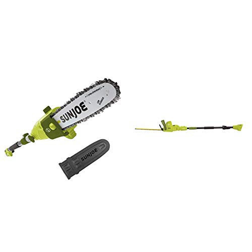 Sun Joe SWJ803E 10 inch 8.0 Amp Electric Multi-Angle Pole Chain Saw, Green & Joe SJH904E Multi-Angle Telescoping Convertible Electric Pole Hedge Trimmer | 19-Inch 4.5 -Amp