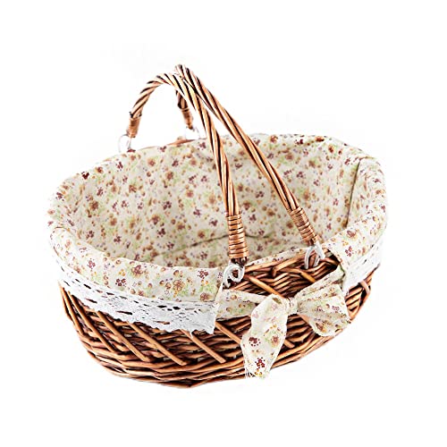 YRJJ Wicker Picnic Basket with Handles & Liner Oval Empty Gift Basket Willow Woven Easter Eggs & Candy Storage Basket Fruit Serving Basket Kids Blanket Toy Organizer, 1