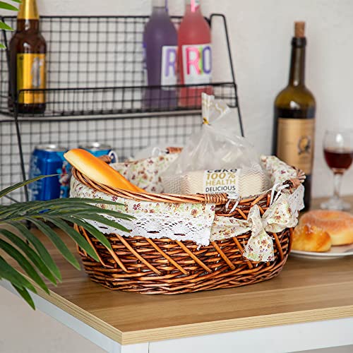 YRJJ Wicker Picnic Basket with Handles & Liner Oval Empty Gift Basket Willow Woven Easter Eggs & Candy Storage Basket Fruit Serving Basket Kids Blanket Toy Organizer, 1