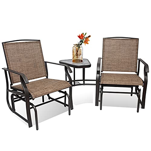 2 Person Patio Double Swing Glider Chair with Center Table and Umbrella Hole, Outdoor Sling Fabric Steel Frame Rocking Chair Set for Garden,Porch,Backyard, Poolside, Lawn,Balcony (Brown)