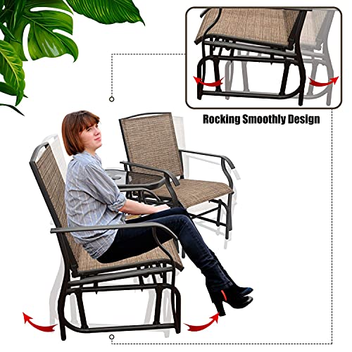 2 Person Patio Double Swing Glider Chair with Center Table and Umbrella Hole, Outdoor Sling Fabric Steel Frame Rocking Chair Set for Garden,Porch,Backyard, Poolside, Lawn,Balcony (Brown)