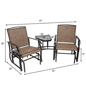 2 Person Patio Double Swing Glider Chair with Center Table and Umbrella Hole, Outdoor Sling Fabric Steel Frame Rocking Chair Set for Garden,Porch,Backyard, Poolside, Lawn,Balcony (Brown)