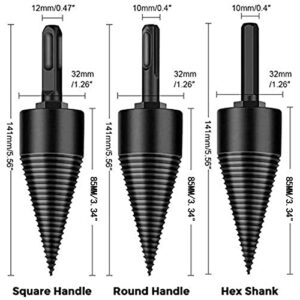 Firewood Log Splitter, 3pcs Drill Bit Removable Cones Kindling Wood Splitting logs bits Heavy Duty Electric Drills Screw Cone Driver Hex + Square + Round 32mm/1.26inch