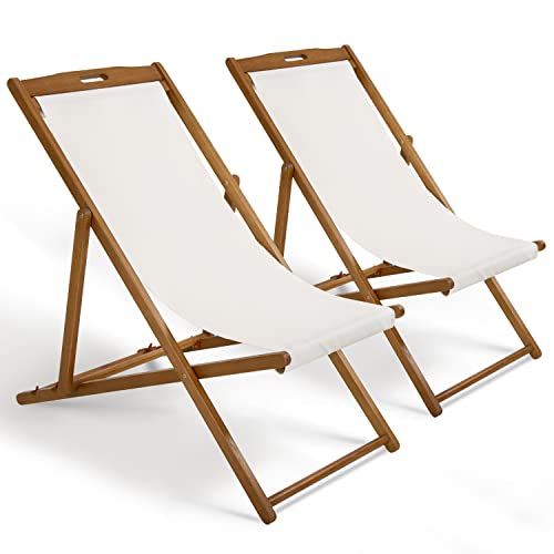 Dkelincs Beach Sling Chair Set of 2, Outdoor Folding Wood Sling Chair with White Polyester Canvas and Sturdy Wooden Frame, 3 Level Adjustable Height Patio Lounge Chair