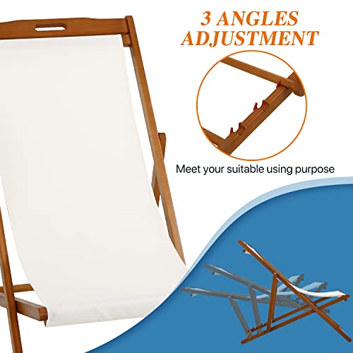 Dkelincs Beach Sling Chair Set of 2, Outdoor Folding Wood Sling Chair with White Polyester Canvas and Sturdy Wooden Frame, 3 Level Adjustable Height Patio Lounge Chair