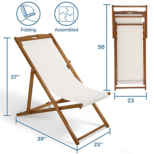 Dkelincs Beach Sling Chair Set of 2, Outdoor Folding Wood Sling Chair with White Polyester Canvas and Sturdy Wooden Frame, 3 Level Adjustable Height Patio Lounge Chair