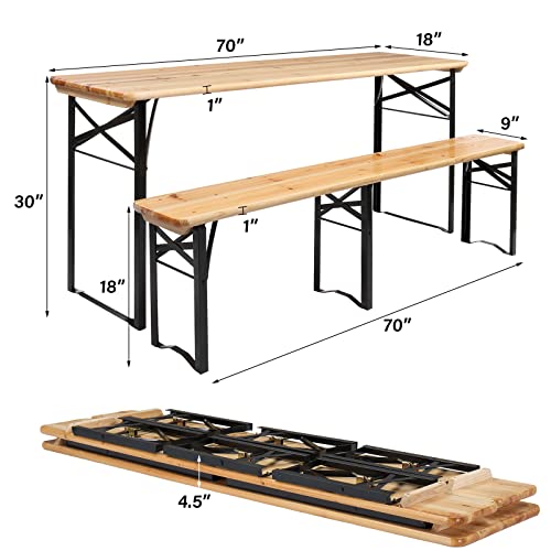 VINGLI Folding Picnic Tables with Benches Set, Weather-Resistant Wooden Beer Garden Table Bench, 3-Piece Portable Fold Up Camping BBQ Table w/Carrying Handles