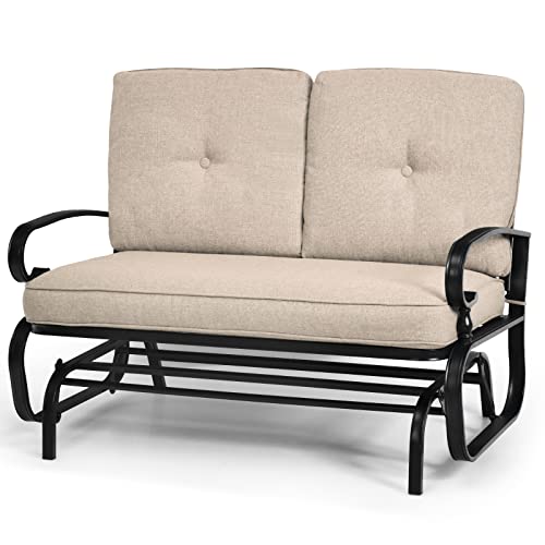 Tangkula Outdoor Swing Glider Chair, Patio Glider Bench for 2 Persons, Outdoor Rocking Loveseat with Steel Frame & Comfortable Cushions for Garden, Porch, Balcony, Poolside (Beige)