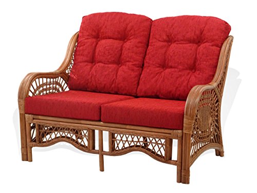 Malibu Lounge Set of 4: 2 Natural Rattan Wicker Chairs, Loveseat with Red Cushions and Coffee Table w/Glass Handmade, Colonial