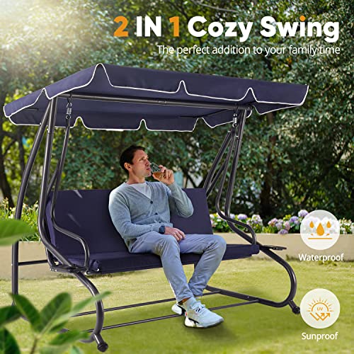 Zupapa 2-in-1 Style Convertible Outdoor Patio Swing Chair, Thickened Soft Cushion Lounge Chair to Flat Bed, Adjustable Shading Canopy Swing Sets for Backyard, Porch, Garden, Deck, Balcony - Navy Blue