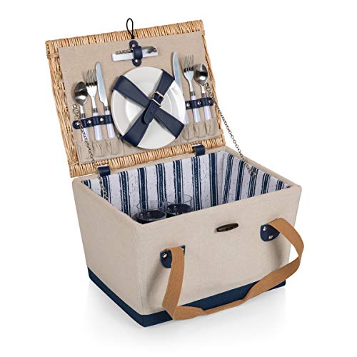 PICNIC TIME Boardwalk Picnic Basket for 2 - Romantic Picnic Basket - Picnic Set, (Beige Canvas with Navy Blue Accents)