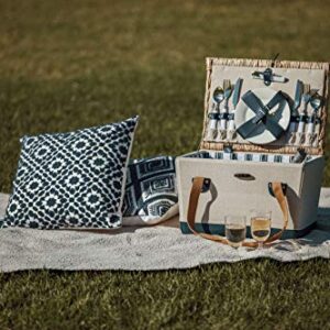 PICNIC TIME Boardwalk Picnic Basket for 2 - Romantic Picnic Basket - Picnic Set, (Beige Canvas with Navy Blue Accents)