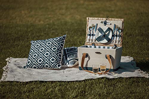 PICNIC TIME Boardwalk Picnic Basket for 2 - Romantic Picnic Basket - Picnic Set, (Beige Canvas with Navy Blue Accents)