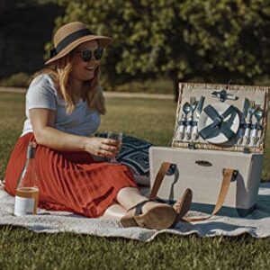 PICNIC TIME Boardwalk Picnic Basket for 2 - Romantic Picnic Basket - Picnic Set, (Beige Canvas with Navy Blue Accents)