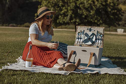 PICNIC TIME Boardwalk Picnic Basket for 2 - Romantic Picnic Basket - Picnic Set, (Beige Canvas with Navy Blue Accents)