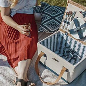 PICNIC TIME Boardwalk Picnic Basket for 2 - Romantic Picnic Basket - Picnic Set, (Beige Canvas with Navy Blue Accents)