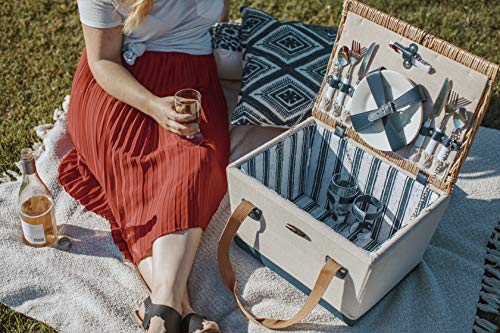 PICNIC TIME Boardwalk Picnic Basket for 2 - Romantic Picnic Basket - Picnic Set, (Beige Canvas with Navy Blue Accents)