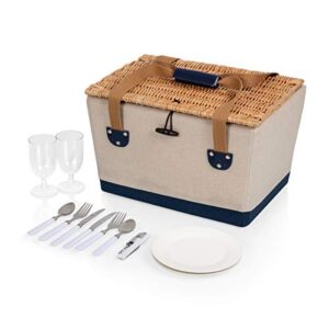 PICNIC TIME Boardwalk Picnic Basket for 2 - Romantic Picnic Basket - Picnic Set, (Beige Canvas with Navy Blue Accents)