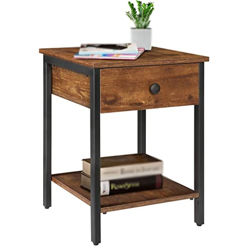 LIRUXUN 2 Tier Wooden Bedside Table with Drawers Rustic Bedroom Bedside Table with Metal Frame for Bedroom Living Room