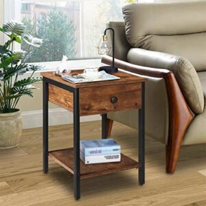 LIRUXUN 2 Tier Wooden Bedside Table with Drawers Rustic Bedroom Bedside Table with Metal Frame for Bedroom Living Room