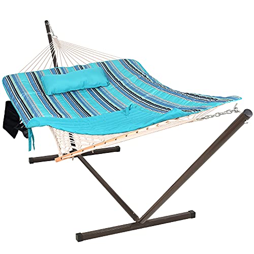 Lazy Daze Hammocks Double Outdoor Hammock with 12 ft Steel Stand, 2 Person Cotton Rope Hammock with Quilted Pad, Spreader Bars, Detachable Pillow, Mag Bag & Cup Holder, Blue Ocean Stripes