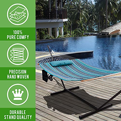 Lazy Daze Hammocks Double Outdoor Hammock with 12 ft Steel Stand, 2 Person Cotton Rope Hammock with Quilted Pad, Spreader Bars, Detachable Pillow, Mag Bag & Cup Holder, Blue Ocean Stripes