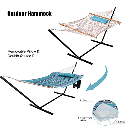 Lazy Daze Hammocks Double Outdoor Hammock with 12 ft Steel Stand, 2 Person Cotton Rope Hammock with Quilted Pad, Spreader Bars, Detachable Pillow, Mag Bag & Cup Holder, Blue Ocean Stripes