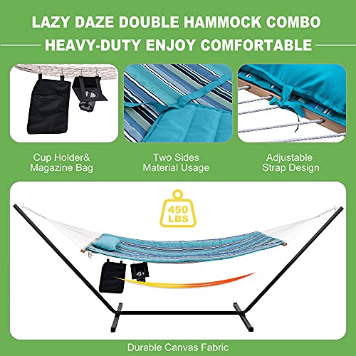 Lazy Daze Hammocks Double Outdoor Hammock with 12 ft Steel Stand, 2 Person Cotton Rope Hammock with Quilted Pad, Spreader Bars, Detachable Pillow, Mag Bag & Cup Holder, Blue Ocean Stripes