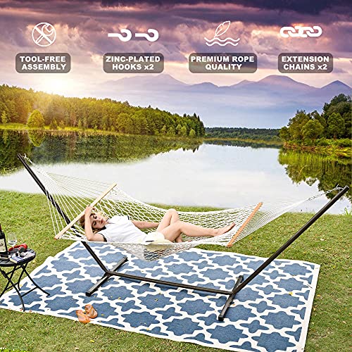 Lazy Daze Hammocks Double Outdoor Hammock with 12 ft Steel Stand, 2 Person Cotton Rope Hammock with Quilted Pad, Spreader Bars, Detachable Pillow, Mag Bag & Cup Holder, Blue Ocean Stripes