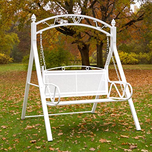 Metal Porch Swing, 2-Person Hanging Patio Swing Chair with Thick Cushions and Decorations, Outdoors Heavy Duty Swing Chair Bench for Gardens, Yards, Deck, Backyard, 660 lb Weight Capacity, White