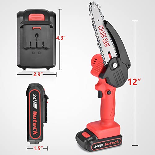 Suteck Mini Chainsaw Cordless, 6 Inch 4 Inch 2-in-1 Handheld Chainsaw Battery Powered with 2 Pcs 24V 2000mAh Rechargeable Battery Electric Pruning Saw for Garden Yard Tree Trimming Branch Wood Cutting