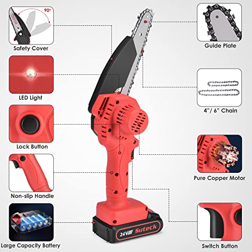 Suteck Mini Chainsaw Cordless, 6 Inch 4 Inch 2-in-1 Handheld Chainsaw Battery Powered with 2 Pcs 24V 2000mAh Rechargeable Battery Electric Pruning Saw for Garden Yard Tree Trimming Branch Wood Cutting