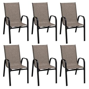 Tangkula 6 Piece Patio Stackable Chairs, Outdoor Dining Chairs with Heavy-Duty Steel Frame, Curved Armrests & Breathable Fabric, Stacking Armchairs for Backyard, Garden, Poolside