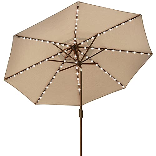 EliteShade USA 10-Year-Non-Fading Sunumbrella Solar 9ft Market Umbrella with 80 LED Lights Patio Umbrellas Outdoor Table Umbrella with Ventilation,Heather Beige