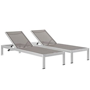 Modway Shore Aluminum Textilene® Mesh Outdoor Patio Two Poolside Chaise Lounge Chairs in Silver Gray