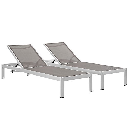 Modway Shore Aluminum Textilene® Mesh Outdoor Patio Two Poolside Chaise Lounge Chairs in Silver Gray