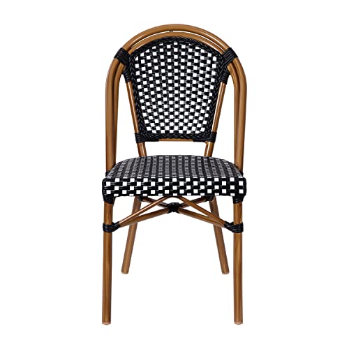 Flash Furniture Bordeaux Set of 2 Indoor/Outdoor Commercial French Bistro Stack Chairs - Black/White PE Rattan Back and Seat - Natural Bamboo Print Aluminum Frame